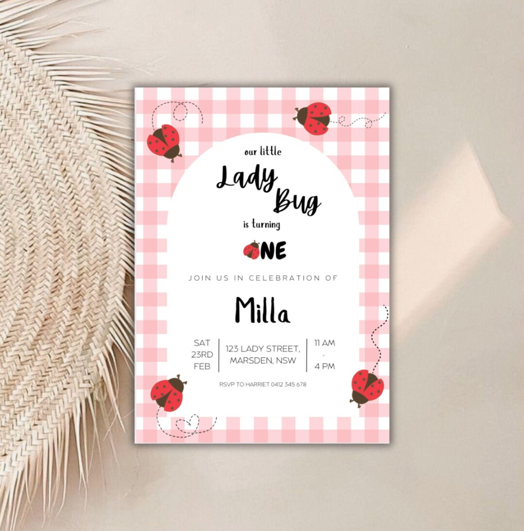Lady Bug 1st Birthday Invitation, Pink Gingham Lady Bug 1st Birthday ...