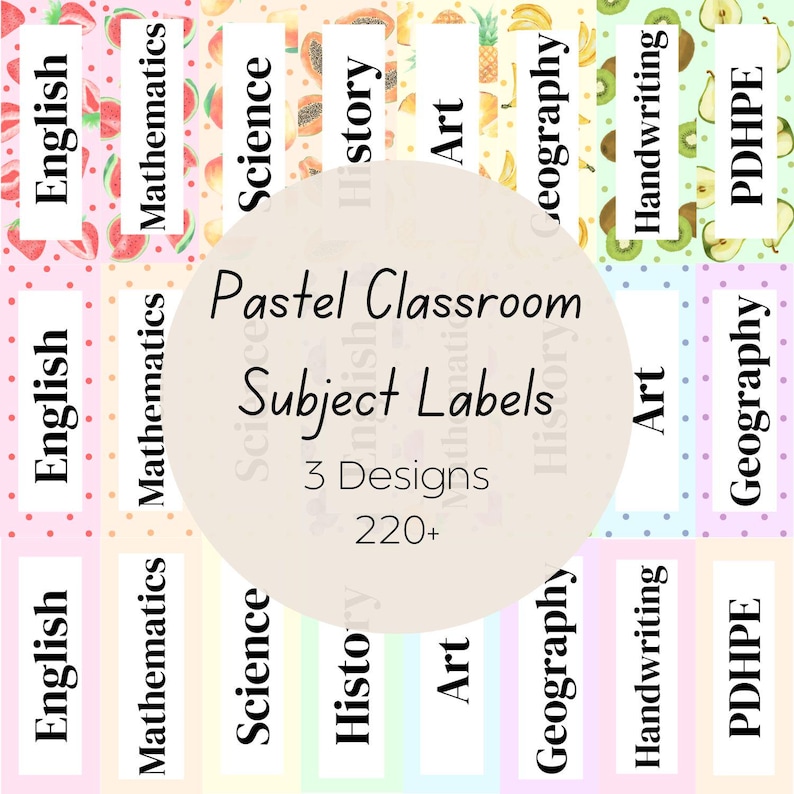 Pastel Classroom Subject Labels: Fruit & Polka-dot Design (digital ...