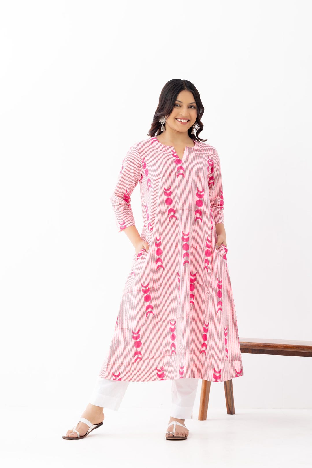 Gulabi Chand | Pink Handblock Printed Cotton A-line Kurta | Striped ...