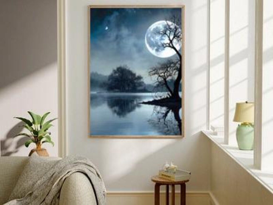 Printable Moonlit Reflection Digital Art Enchanting Night Landscape ...