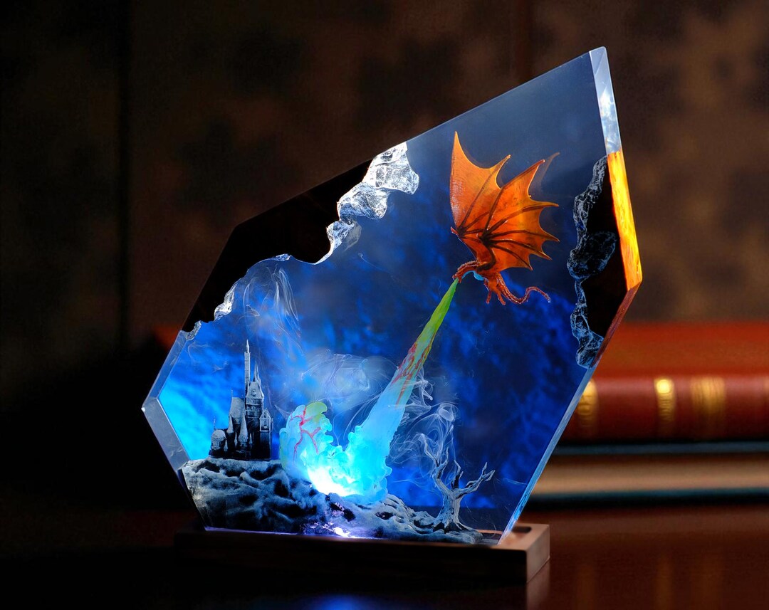 Resin Dragon LED Light, Fantasy Castle Lamp, Fire Breathing Dragon ...