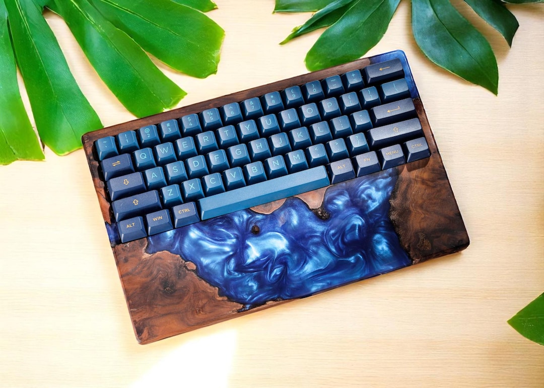 Handmade Resin and Wood Keyboard Case, Blue Wooden Mechanical Keyboard ...