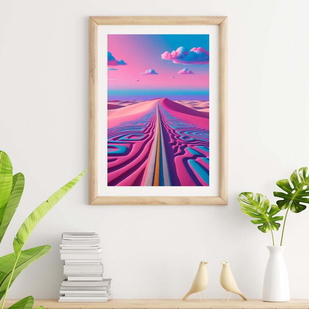 Psychedelic Desert Road Art – Retro Zigzag Landscape Poster, Vibrant ...