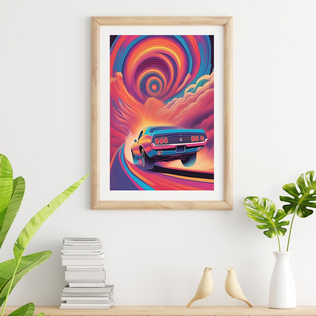 Retro Psychedelic Car Poster – Neon Wave Surrealist Auto Art Print for ...