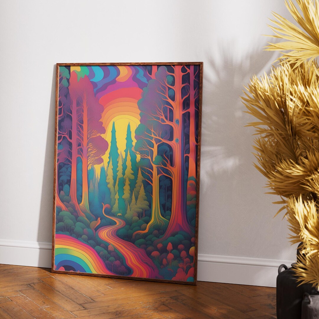 Psychedelic Forest Path Poster, Surreal Nature Print, Trippy Landscape ...