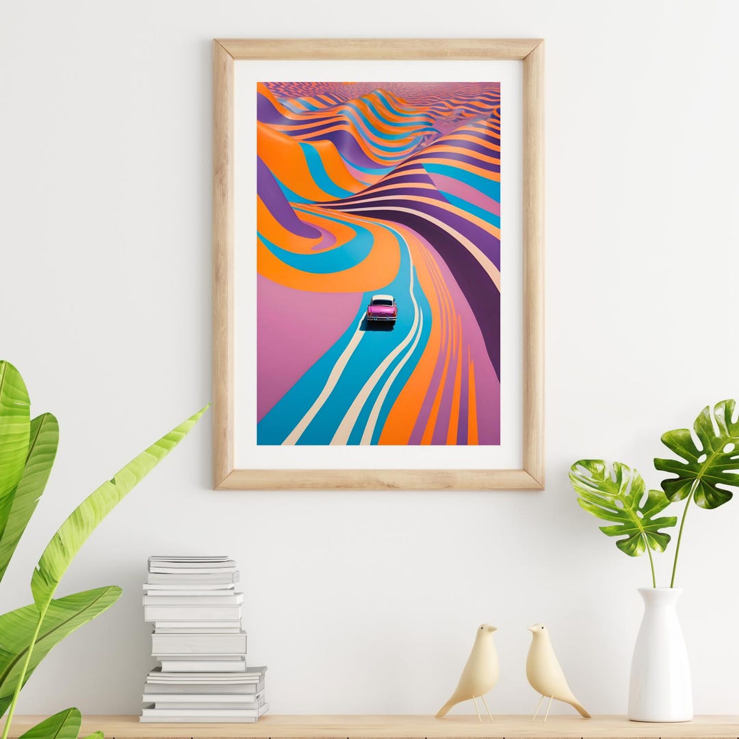 Colorful Retro Road Trip Wall Art – Psychedelic Wavy Path Print ...