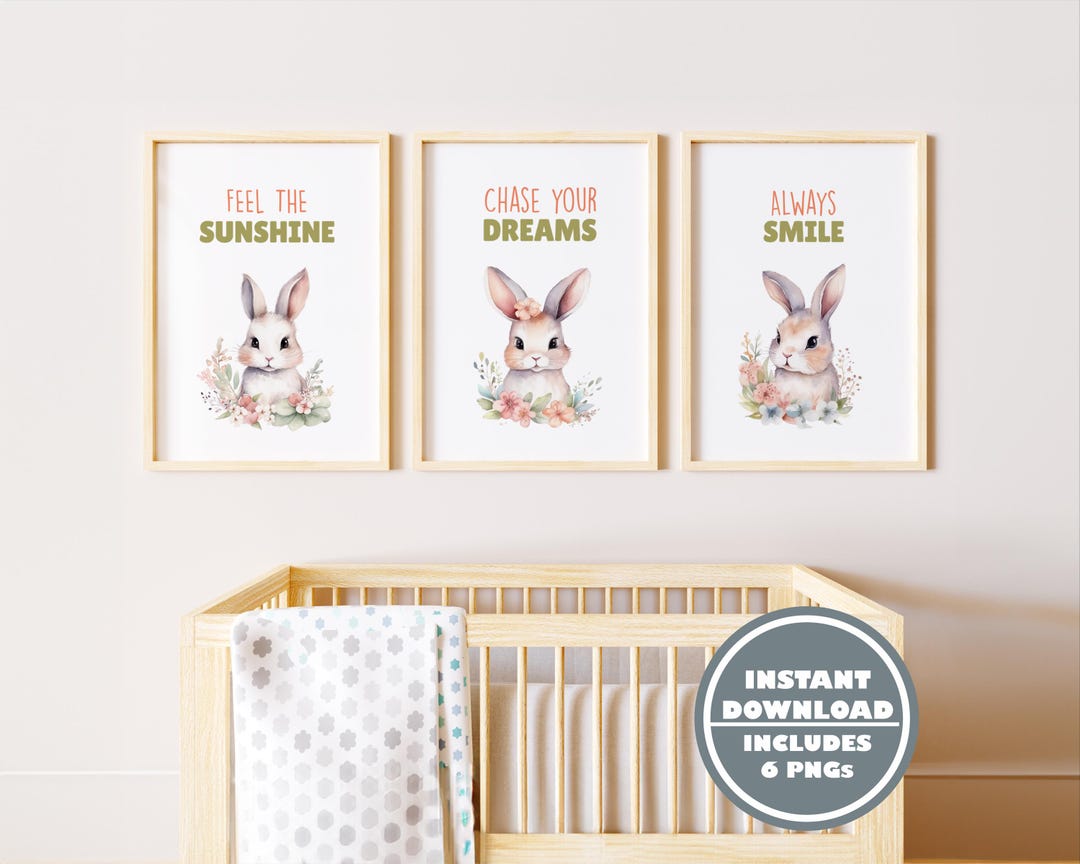 Bunny-themed Nursery Art - Set of 3 Cute Rabbit Wall Prints With ...