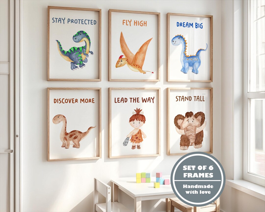 Set of 6 Dinosaur-themed Posters - Framed Nursery Wall Art for Playroom ...