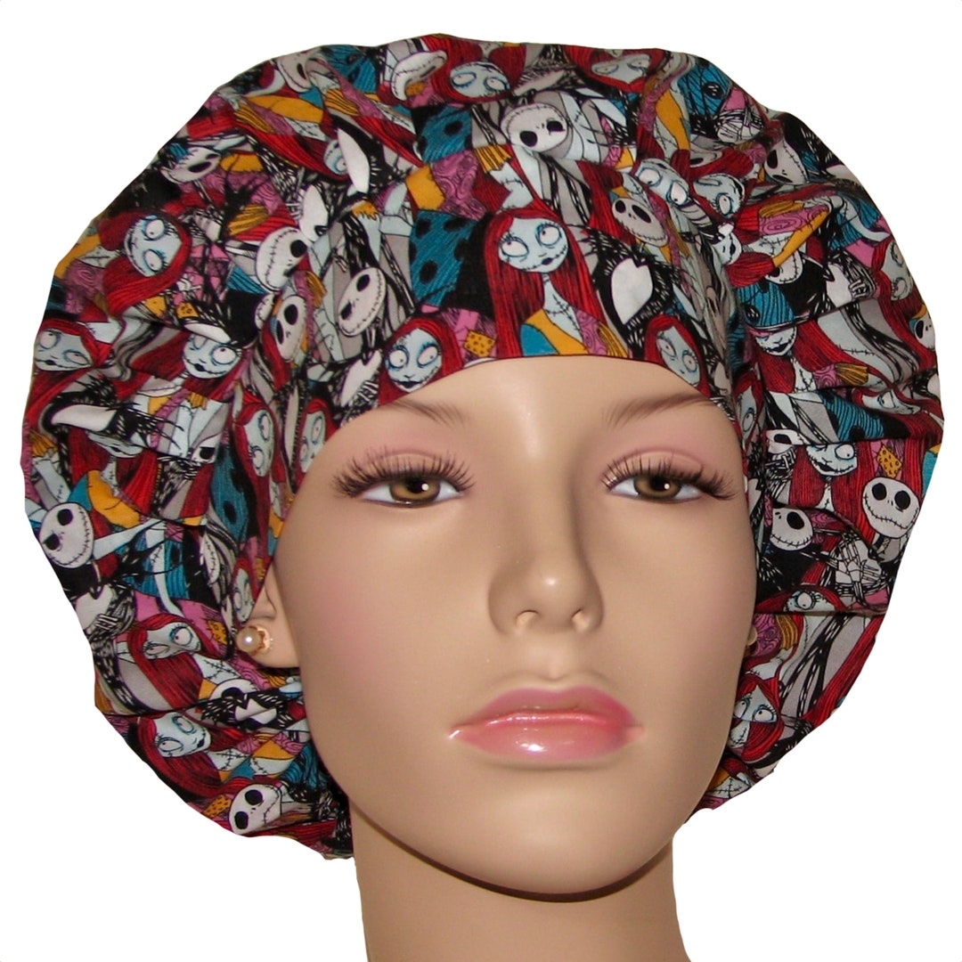 Scrub Caps Halloween Jack and Sally Fabric-scrubheads-bouffant Scrub ...