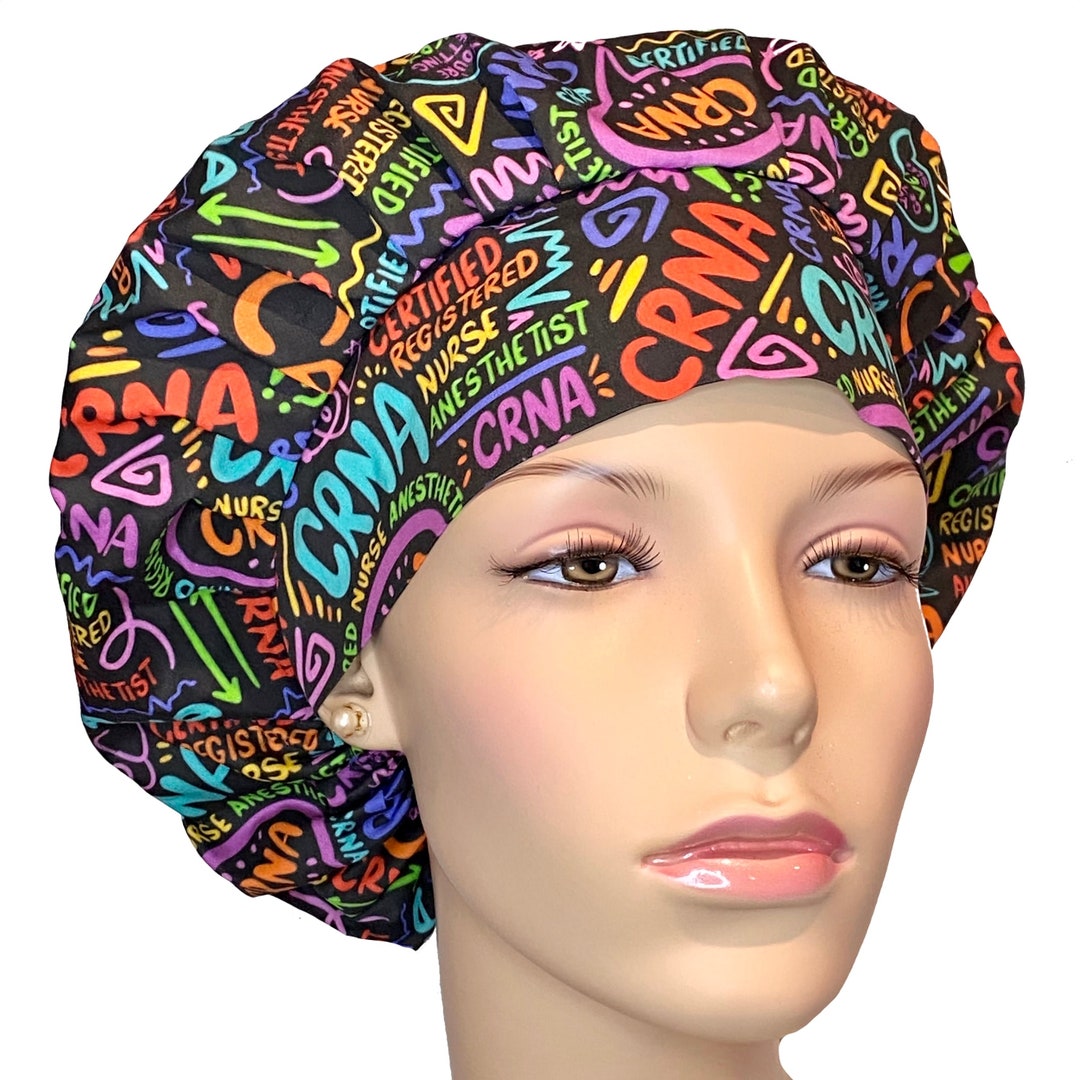 Scrub Cap Anesthesia CRNA on Black Fabric-scrubheads-bouffant Scrub Hat ...