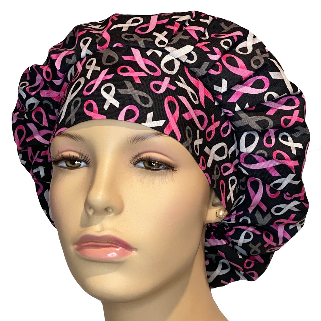 Scrub Caps BCA Pink Ribbons on Black-scrubheads-bouffant Scrub Hat ...