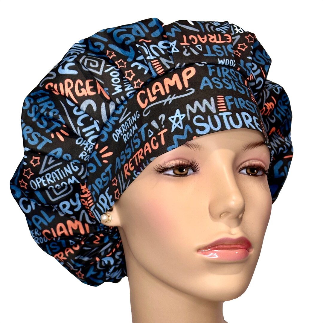 Scrub Cap First Assist Scribbles Black Fabric-scrubheads-bouffant Scrub ...