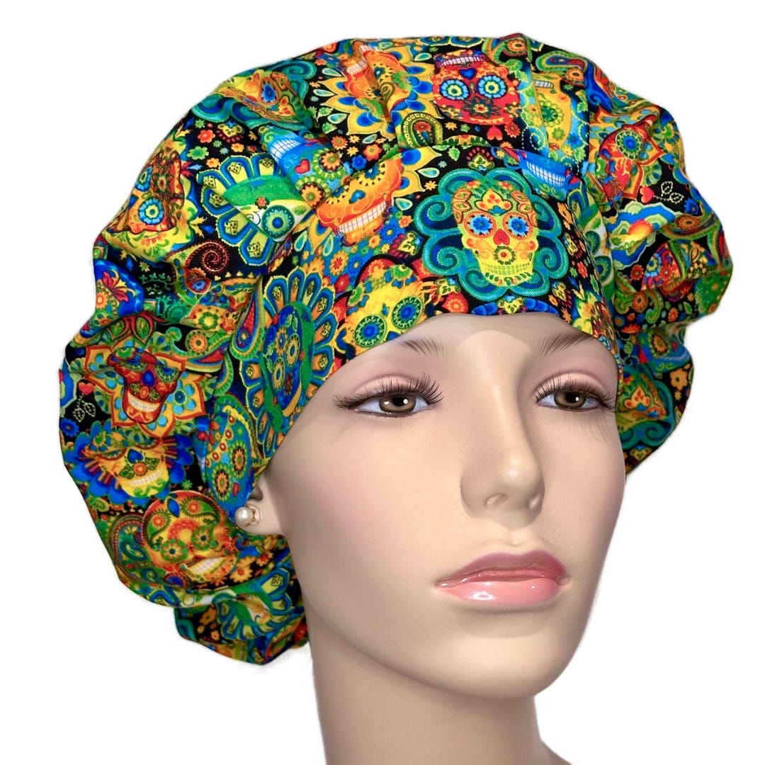 Scrub Caps Bright Sugar Skulls Fabric-bouffant Scrub Hat-scrubheads ...