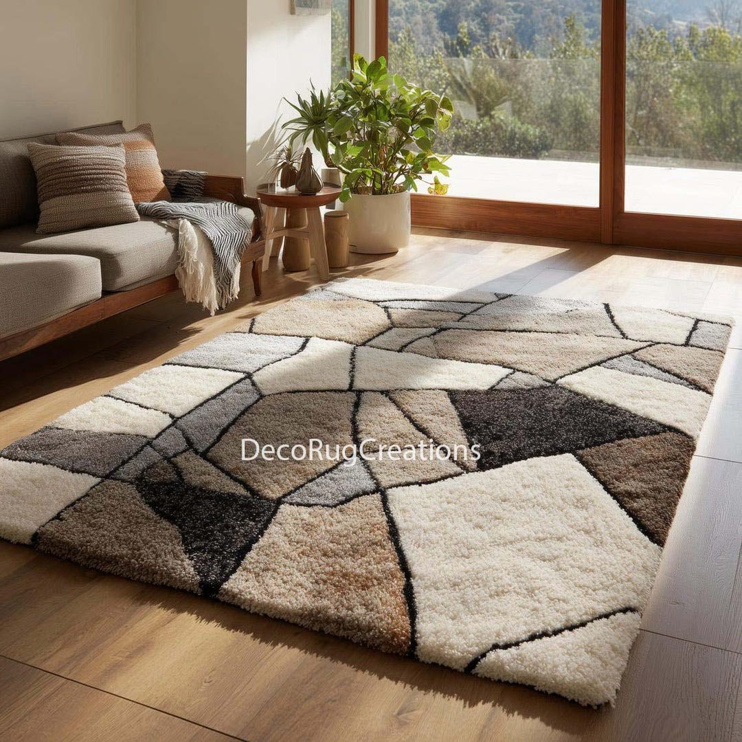 Neutral Geometric Tufted Rug – Modern Abstract Cream & Brown Area ...