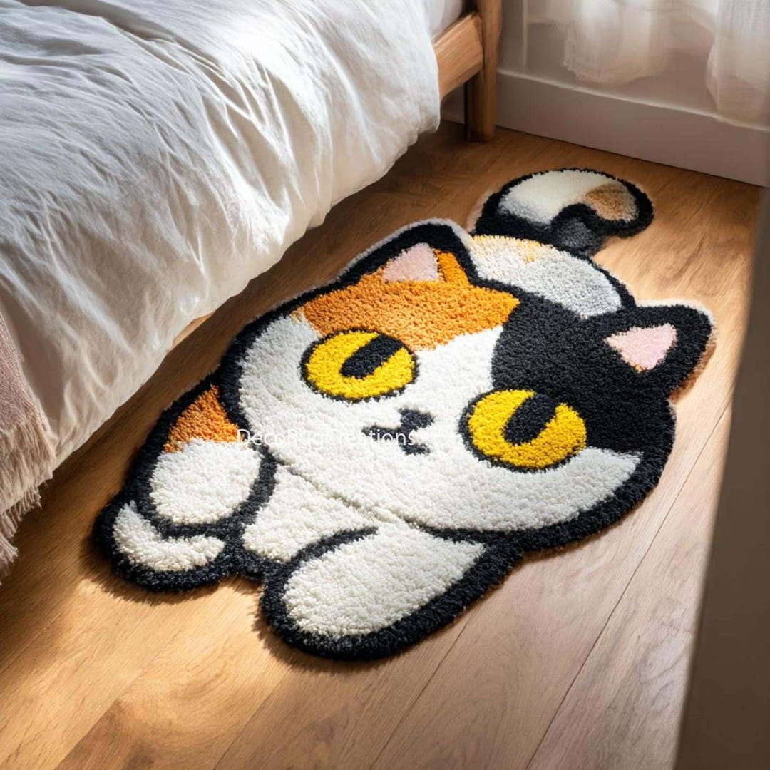 Calico Cat Shaped Tufted Rug – Cute Cartoon Animal Rug for Kids ...