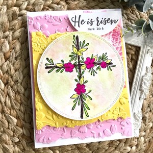 He is Risen Card, Mark 16:6 Card, Christian Easter Card, Floral Cross ...