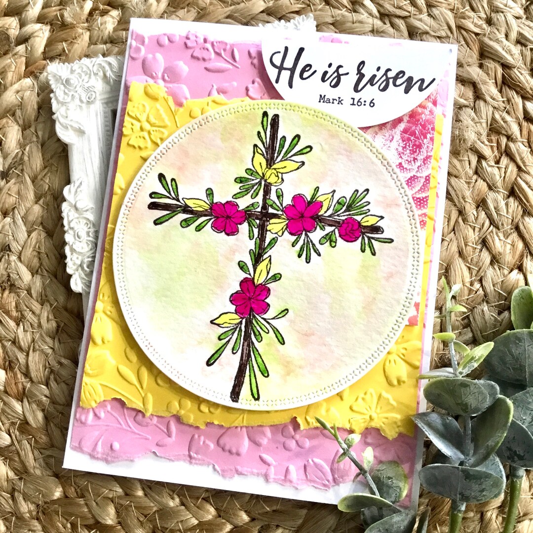 He is Risen Card, Mark 16:6 Card, Christian Easter Card, Floral Cross ...