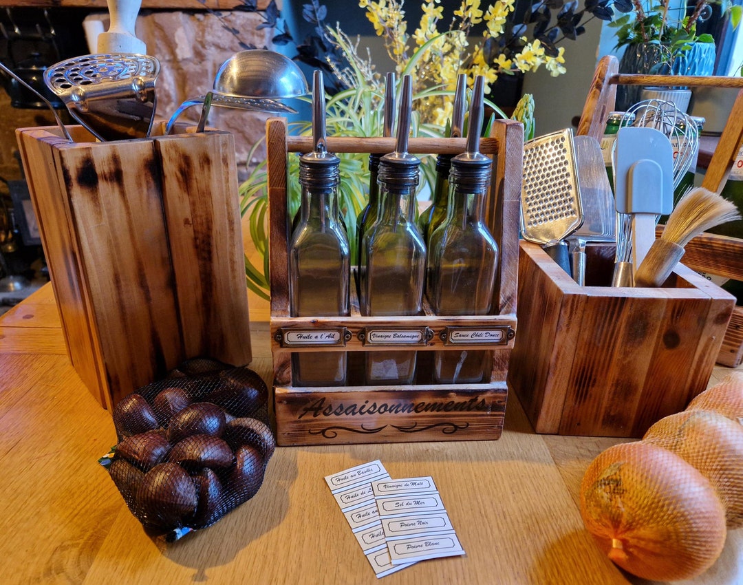 Rustic Condiments Caddy Including 6 X 250ml Bottles for Olive Oils ...