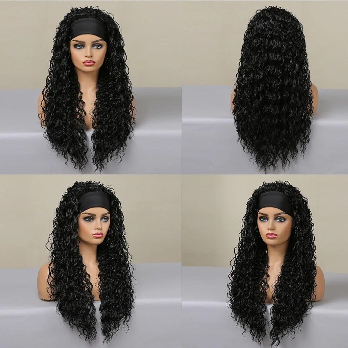 26" Long Curly Headband Wig – Deep Wave Synthetic Hair, Natural Black ...