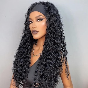 26" Long Curly Headband Wig – Deep Wave Synthetic Hair, Natural Black ...