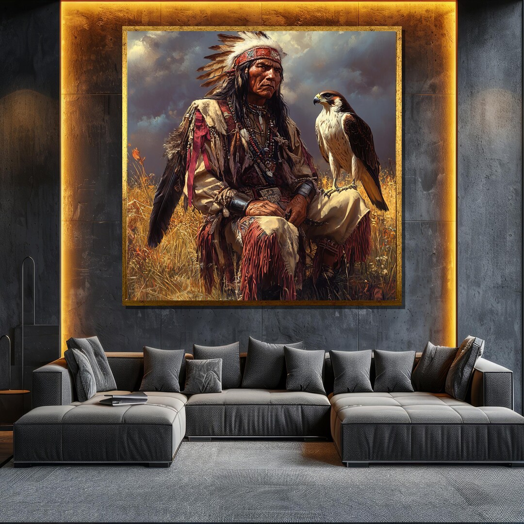 Native American Chief Canvas Painting Tribal Wall Art With Falcon ...