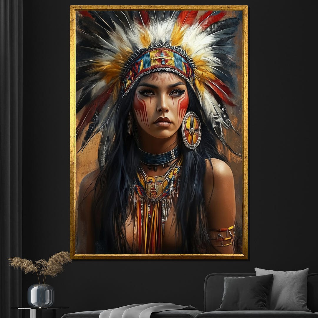 Native American Woman Canvas Painting Tribal Headdress Art Bold Wall ...