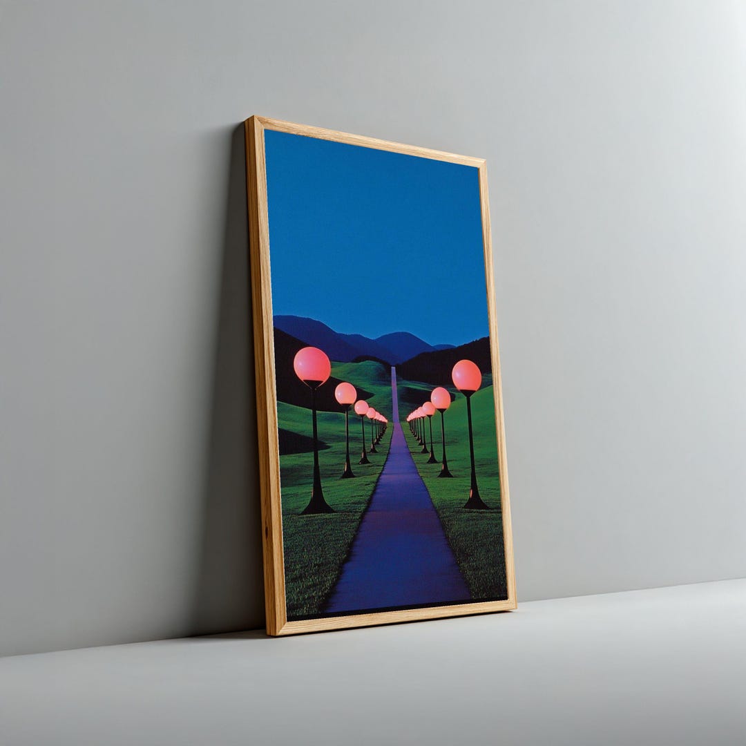 Illuminated Pathway Canvas Wall Art, Night Scene Lamp Posts, Surreal ...