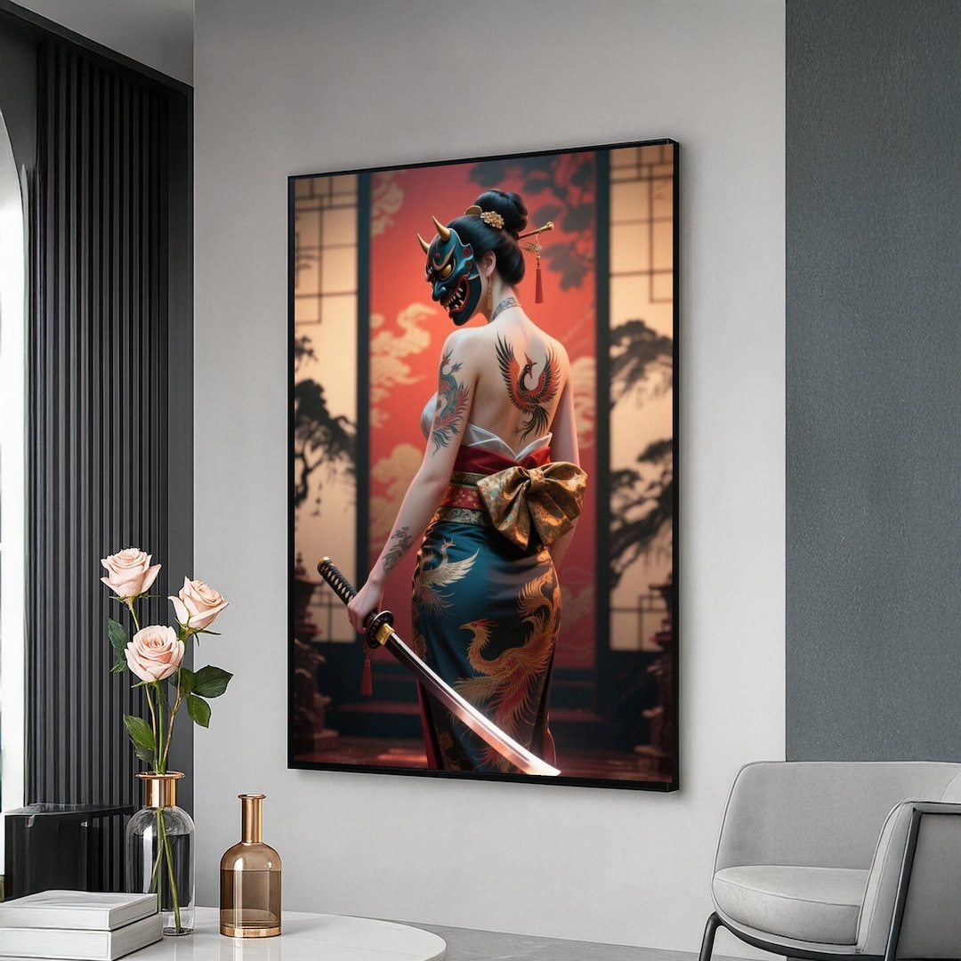 Japanese Oni Mask Woman With Katana Sword Canvas Wall Art, Geisha ...