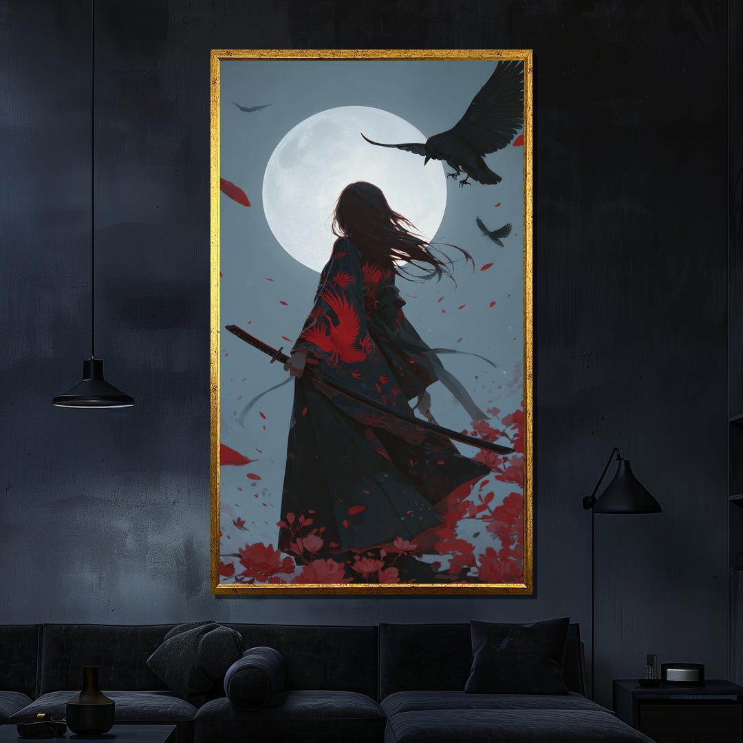 Mystic Samurai Woman Canvas Painting Under Full Moon With Katana and ...