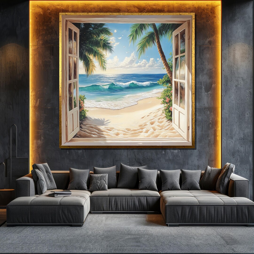 Tropical Beach View Canvas Painting, Open Window Ocean Wall Art ...