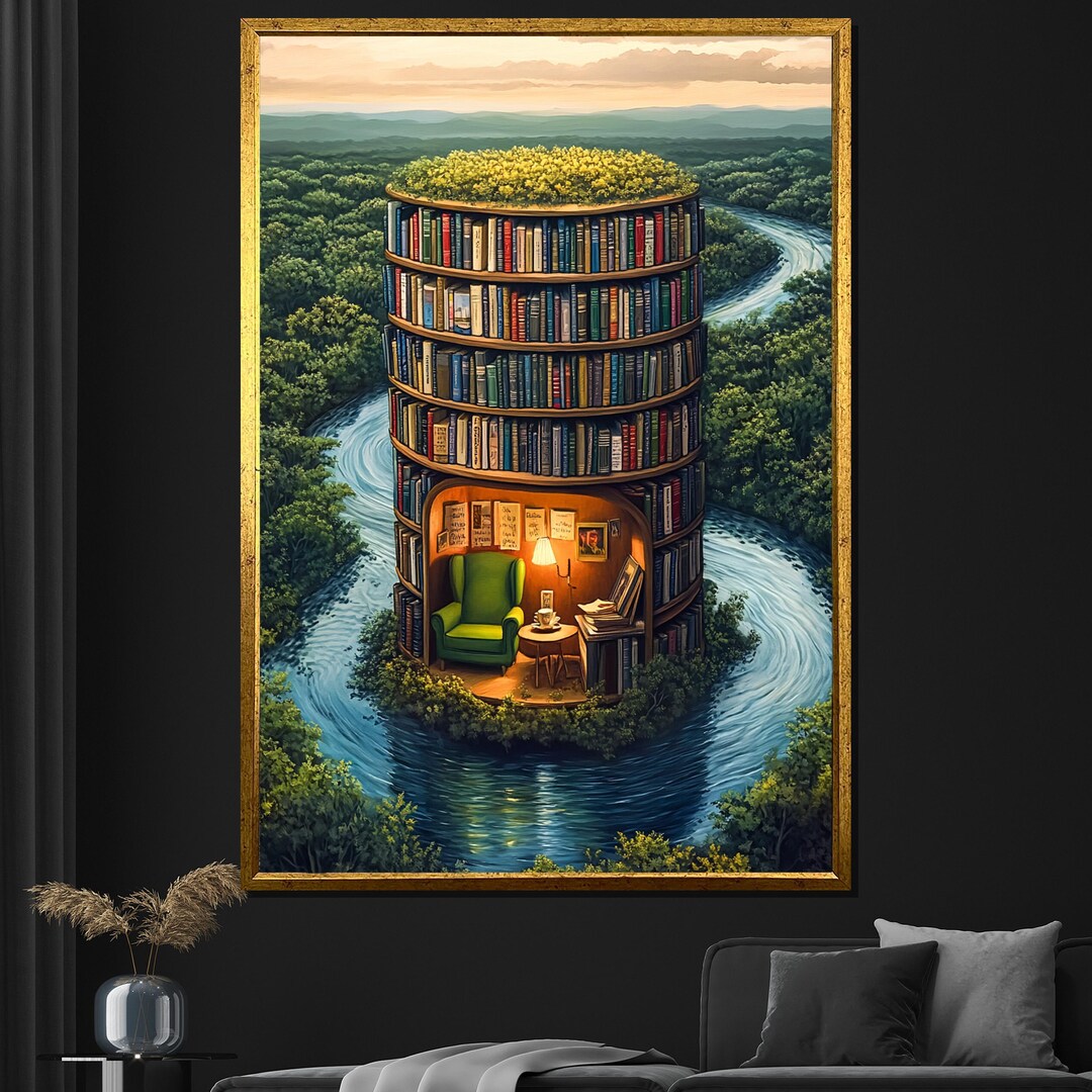Cozy Library Tower Canvas Painting, Whimsical Book Nook Art, Unique ...