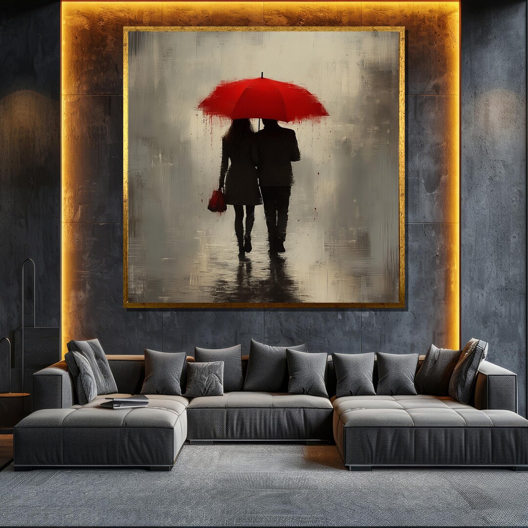 Romantic Red Umbrella Canvas Painting - Couple in the Rain Wall Art for ...