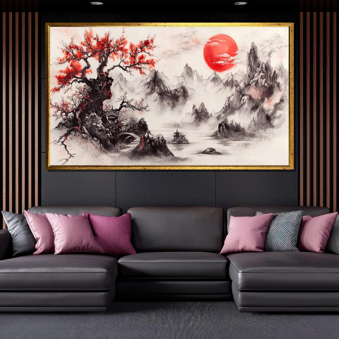 Traditional Japanese Landscape Canvas Painting, Red Sun and Mountain ...