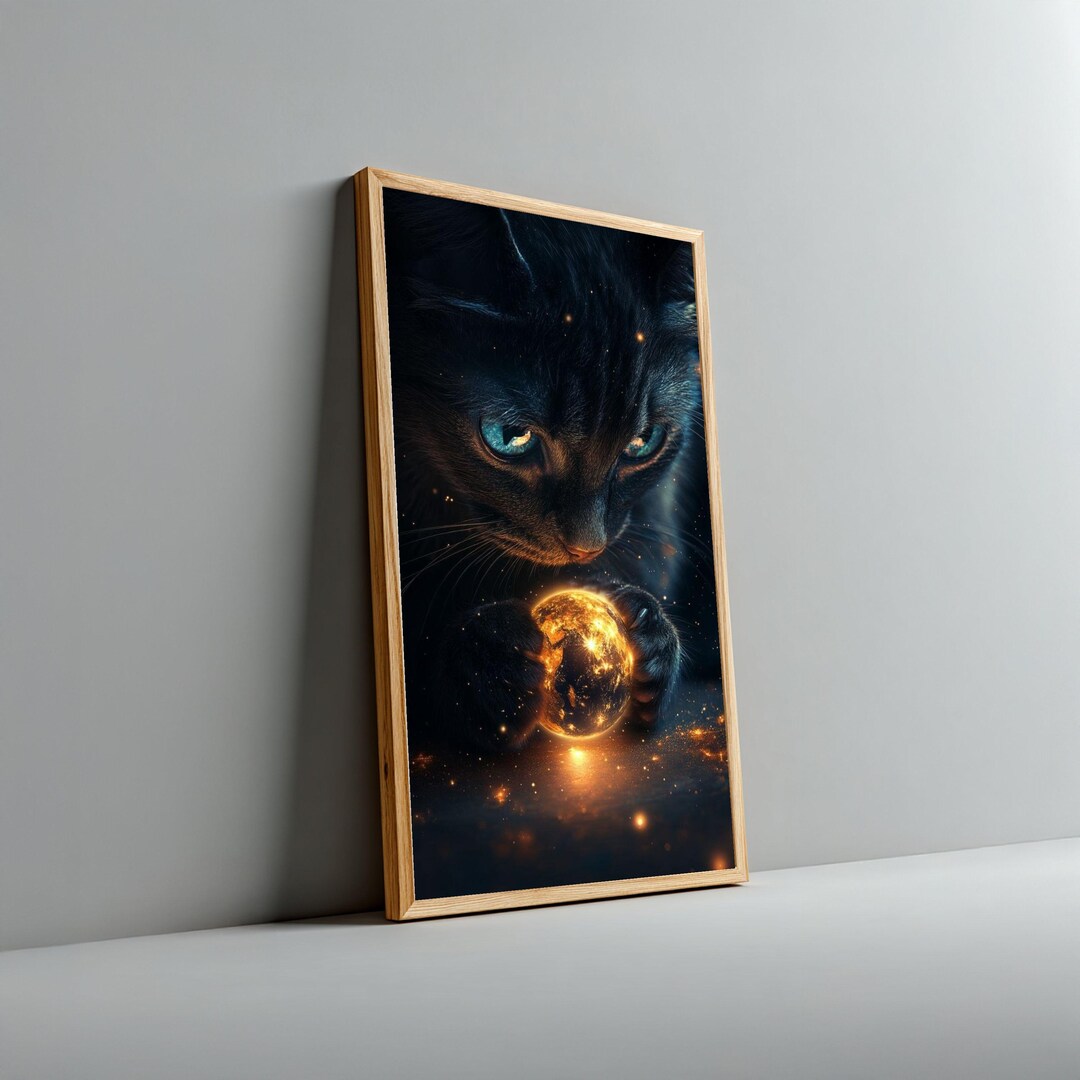 Mystical Black Cat With Glowing Earth Canvas, Fantasy Animal Wall Art ...