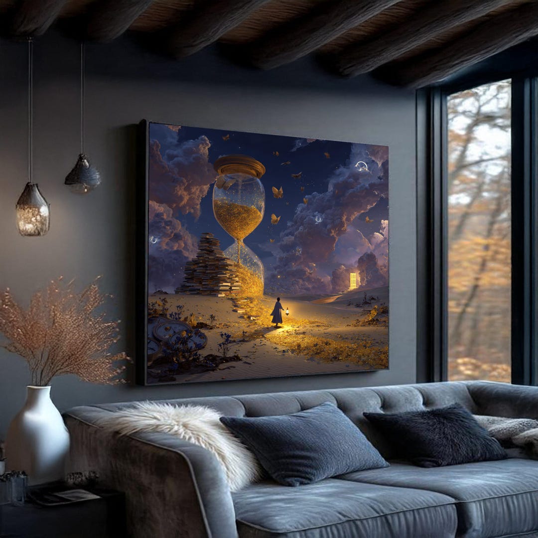 Surreal Hourglass Landscape Canvas, Golden Time Flow Wall Art, Fantasy ...