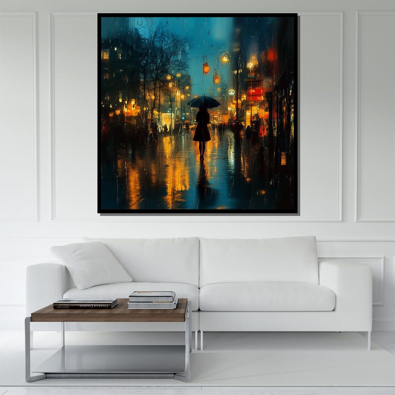 Rainy Night Cityscape Canvas Painting - Elegant Urban Wall Art With ...