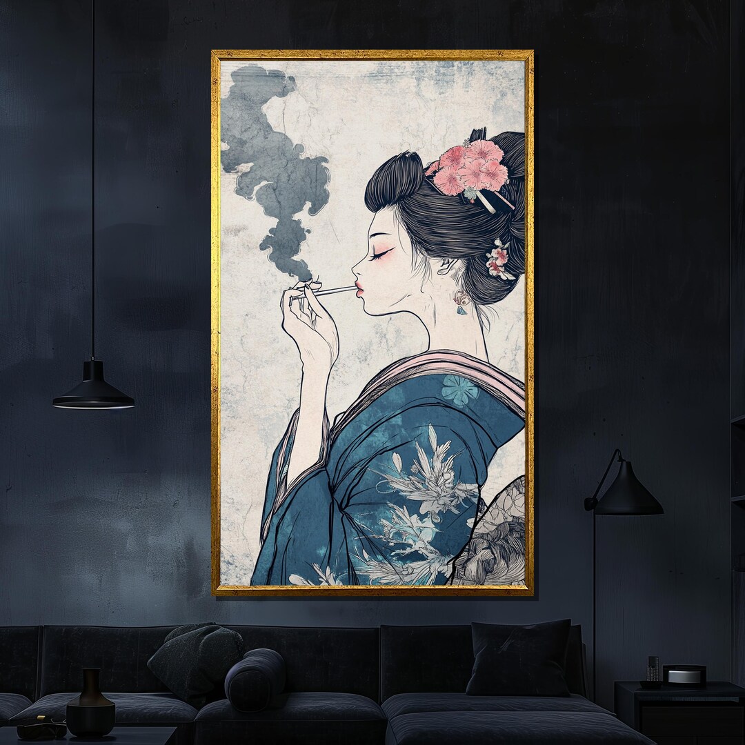 Vintage Geisha Wall Art, Japanese Woman Smoking Canvas, Traditional ...