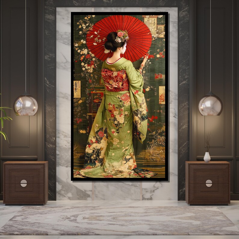 Japanese Geisha Canvas Painting Traditional Kimono Art Elegant Wall ...