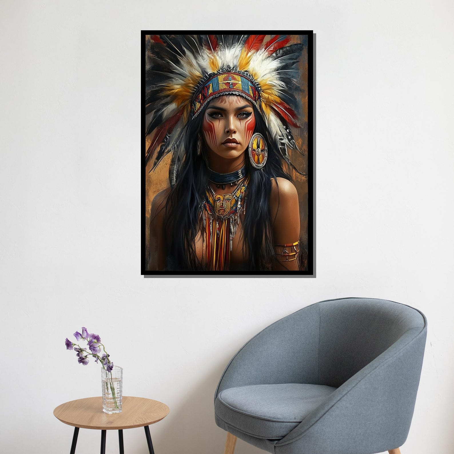 Native American Woman Canvas Painting Tribal Headdress Art Bold Wall ...