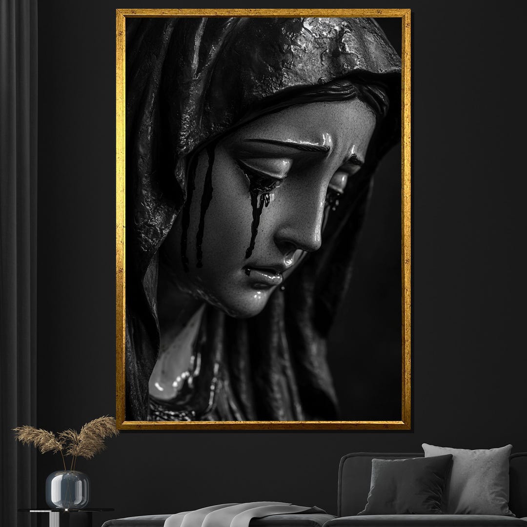 Dark Virgin Mary Wall Art, Weeping Madonna Black Canvas, Gothic ...