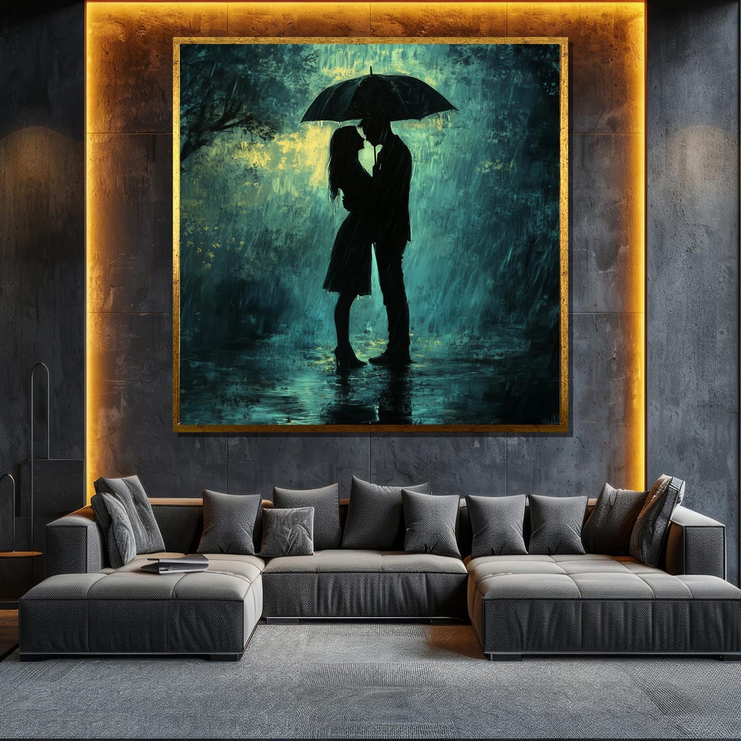 Silhouette Couple Under Umbrella Canvas Painting Romantic Rainy Night ...