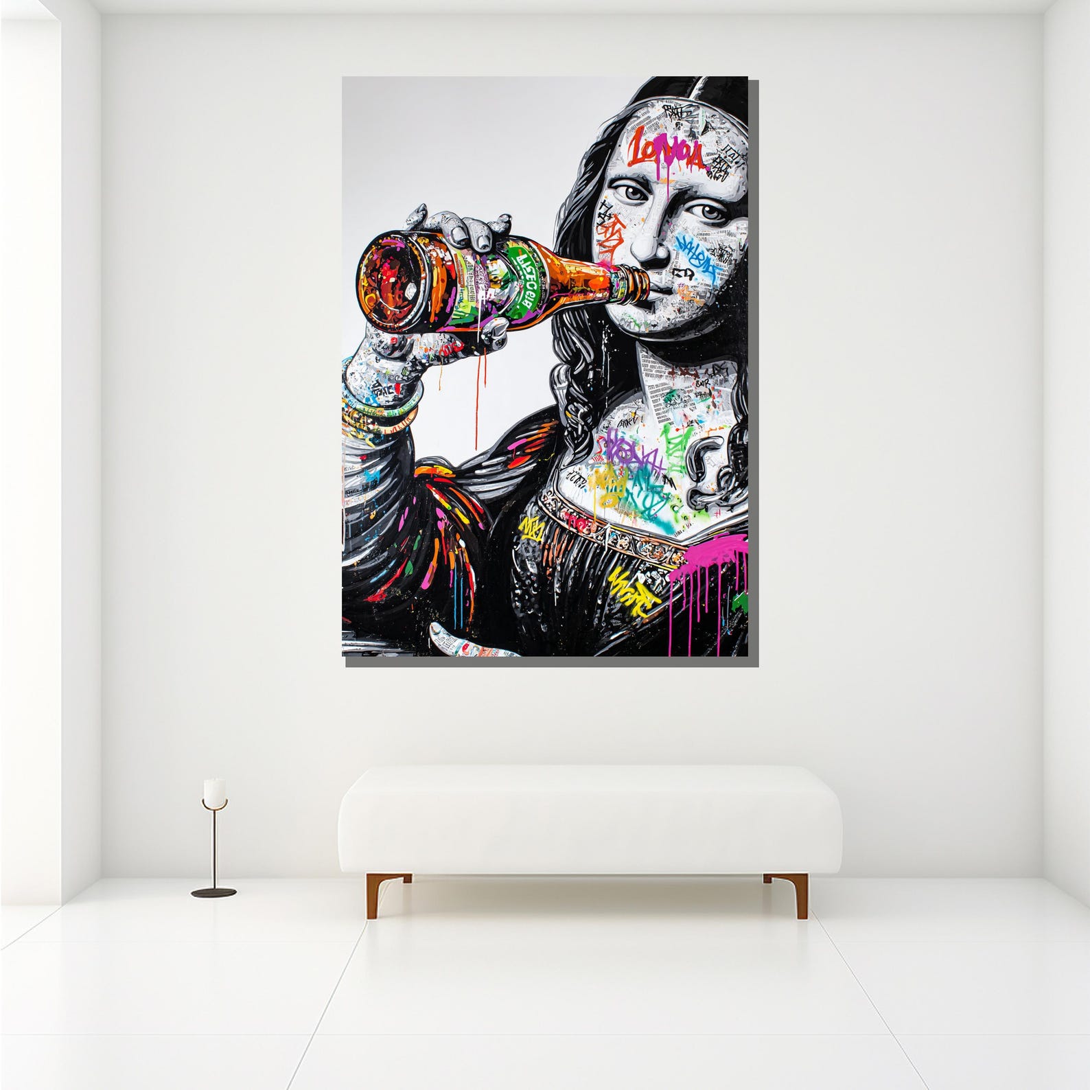 Mona Lisa Graffiti Canvas Painting Modern Pop Art Wall Print With Drink ...