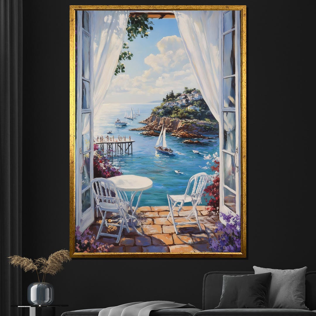 Mediterranean Balcony View Canvas Painting, Coastal Ocean Wall Art ...