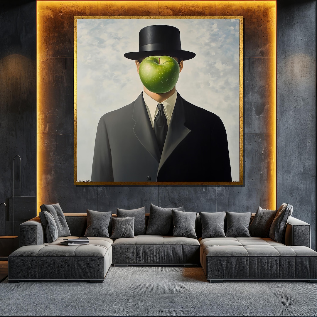 Surreal Man With Green Apple Canvas Painting, Whimsical Abstract Wall ...