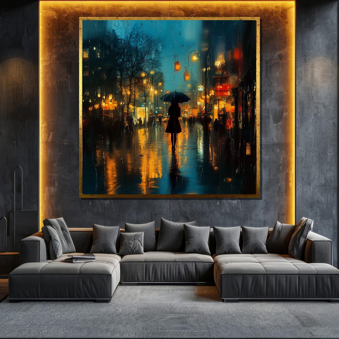 Rainy Night Cityscape Canvas Painting - Elegant Urban Wall Art With ...