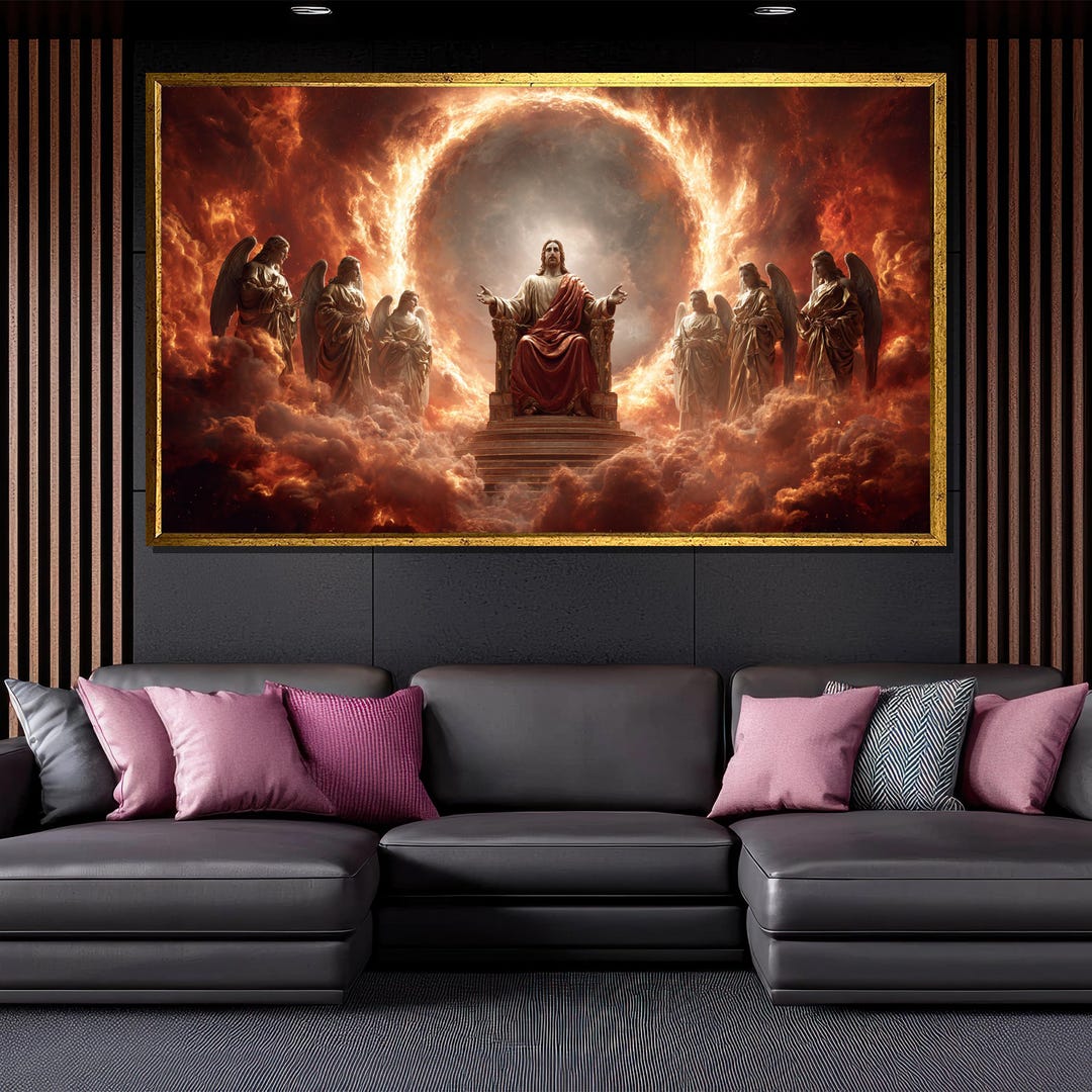 Jesus on Throne With Angels Canvas Painting Gift, Divine Wall Art Print ...