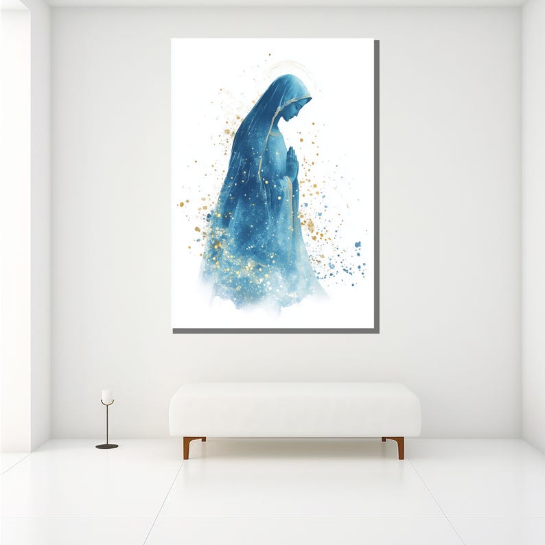 Virgin Mary Wall Art, Blue and Gold Religious Canvas, Holy Mother ...