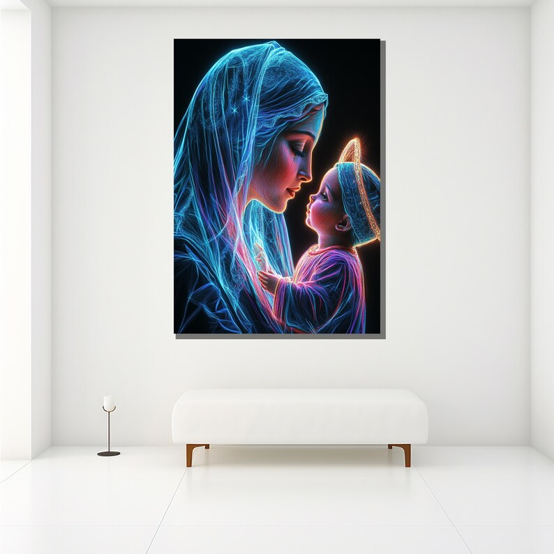 Virgin Mary and Baby Jesus Neon Canvas Painting Christian Wall Decor ...
