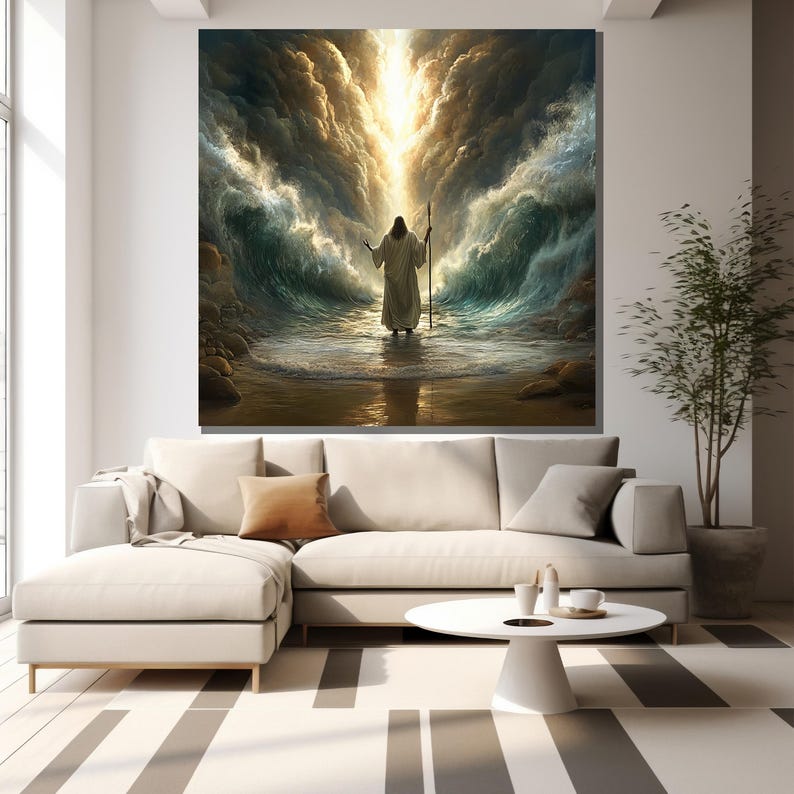 Moses Parting the Red Sea Canvas Painting, Religious Wall Art, Biblical ...
