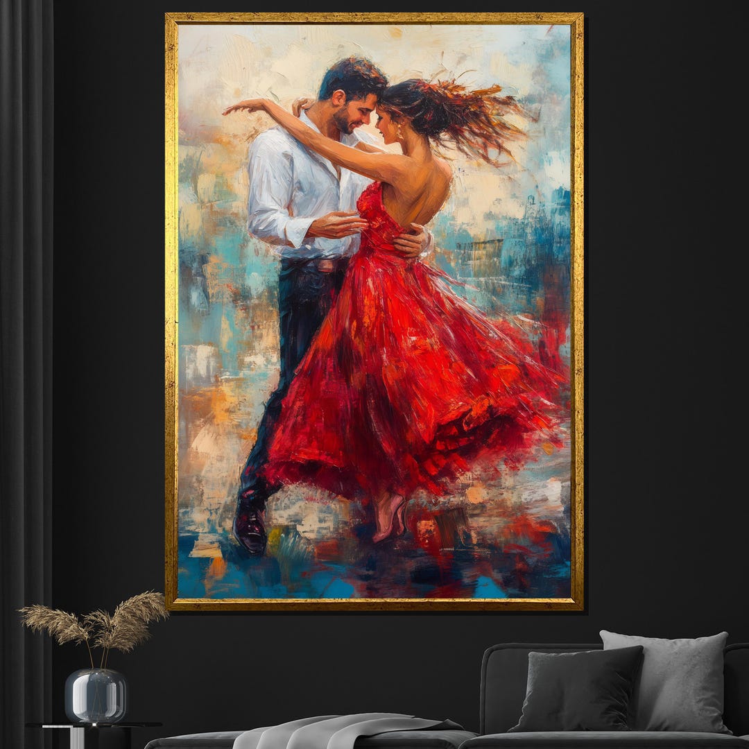 Romantic Dancing Couple Canvas Painting, Red Dress Wall Art, Textured ...